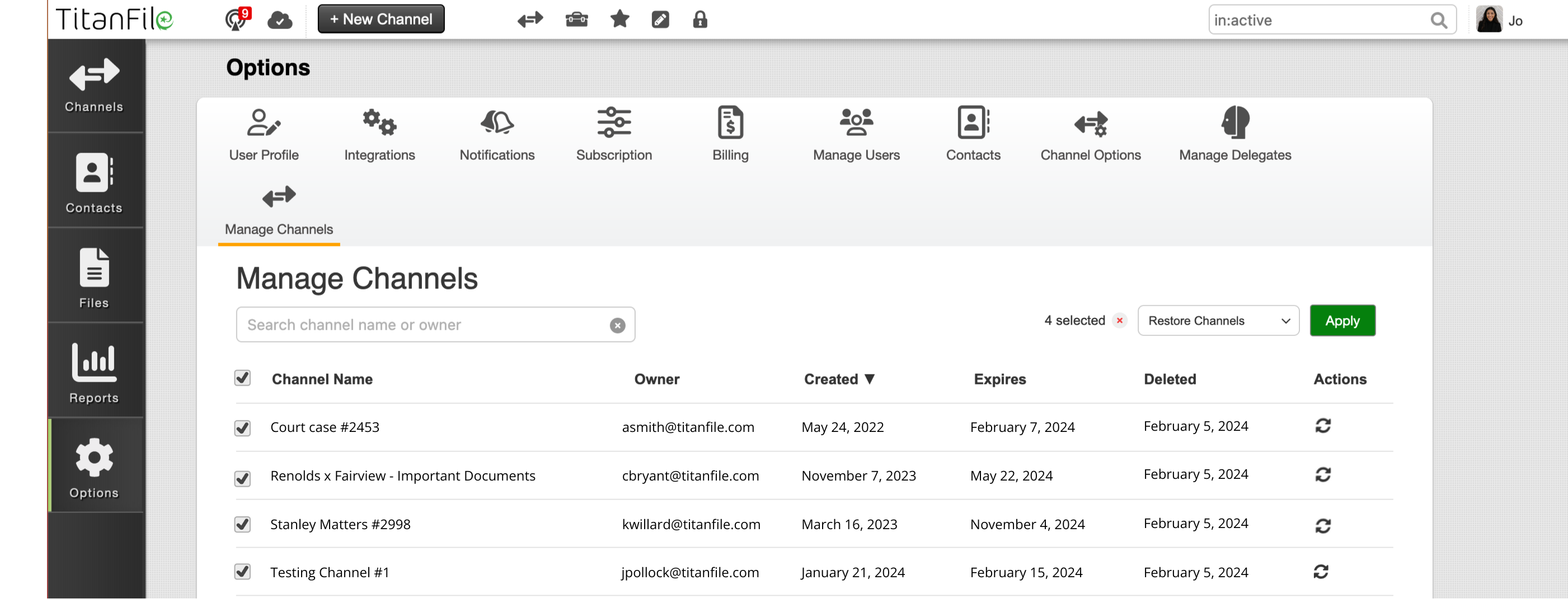 Bulk options in Manage Channels – TitanFile Support