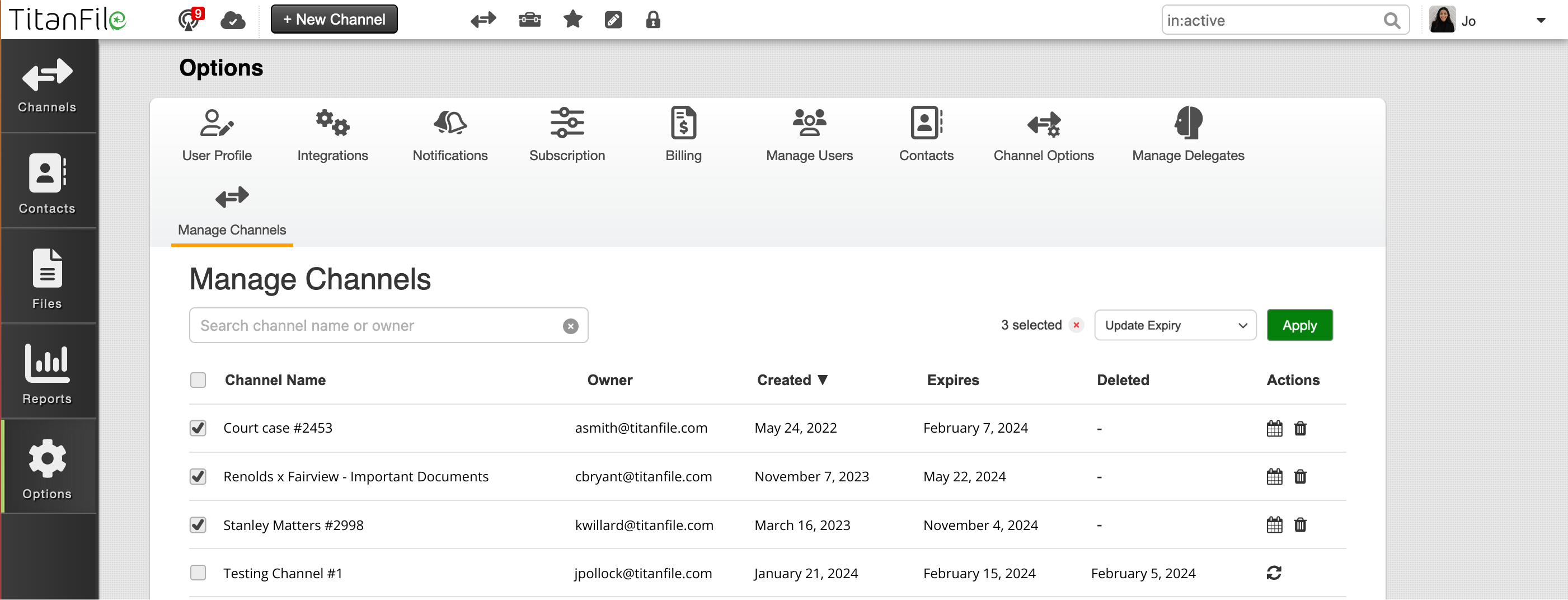 Bulk options in Manage Channels – TitanFile Support