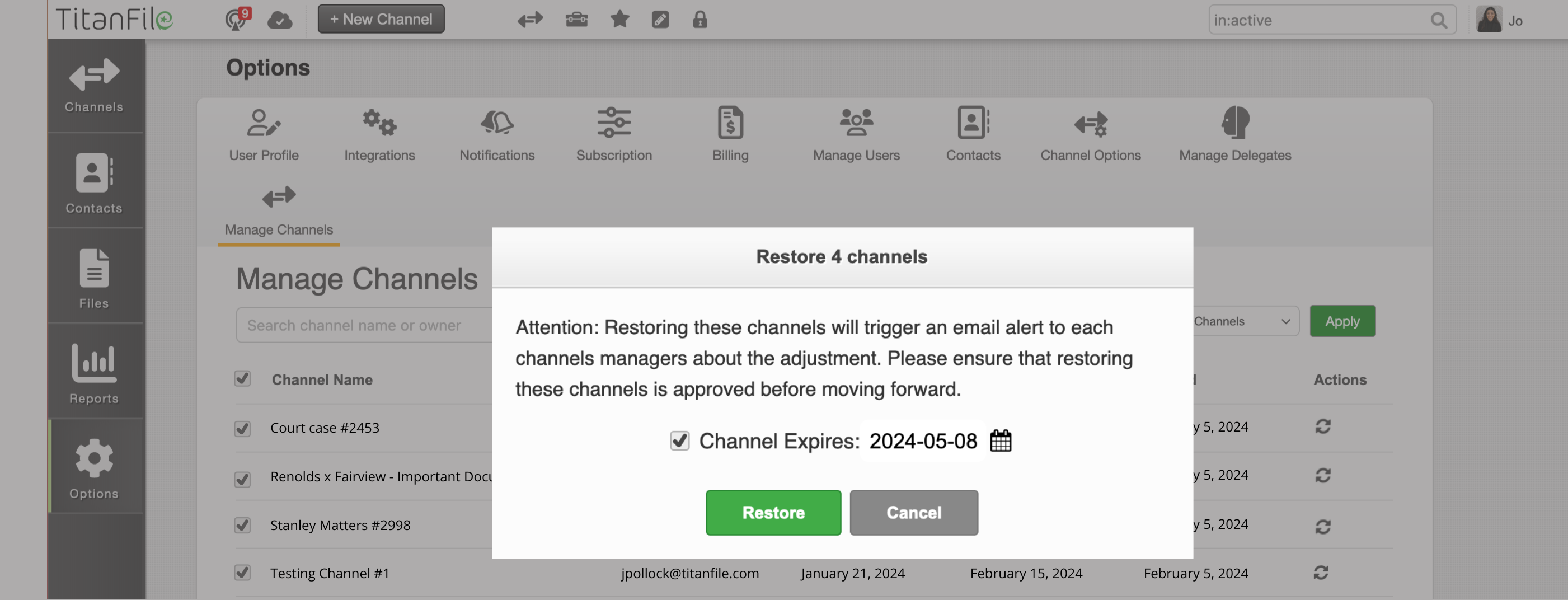 Bulk options in Manage Channels – TitanFile Support